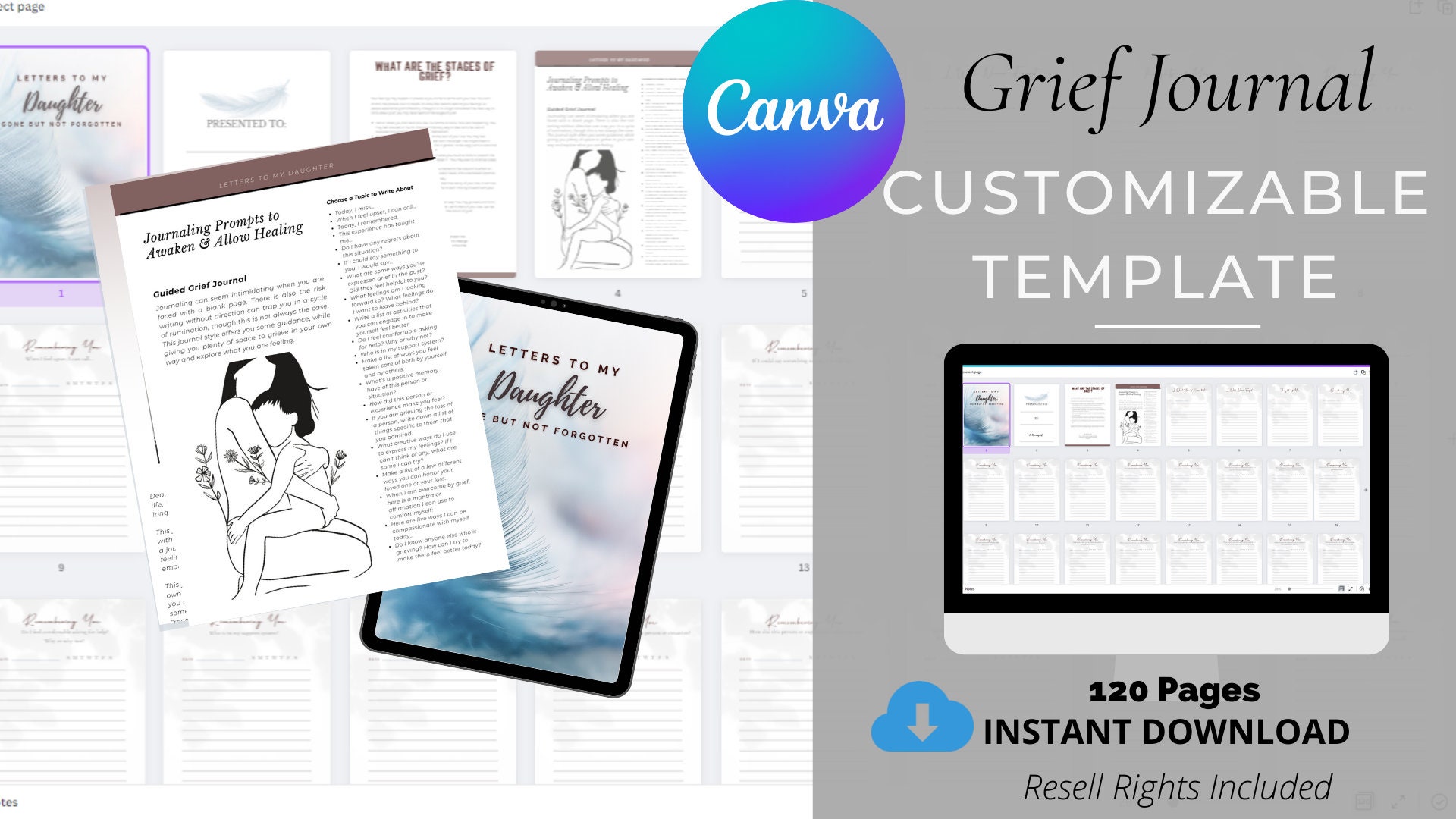 Editable Grief Therapy Journal Letters to My Daughter Canva Template ...