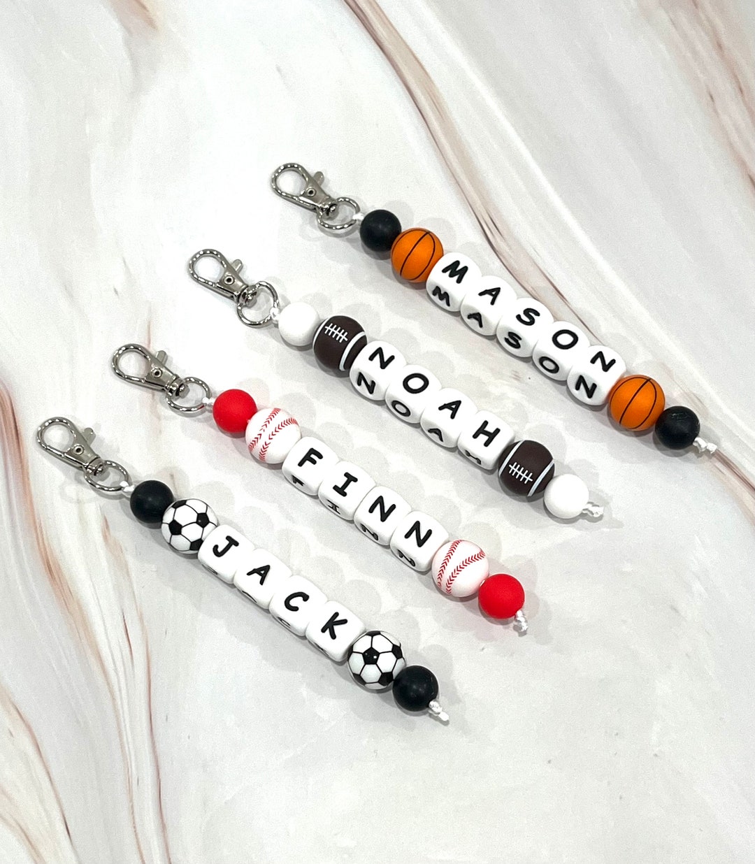 Personalized Name Beaded Sports Keychain - Kids, Boys, Backpack ...