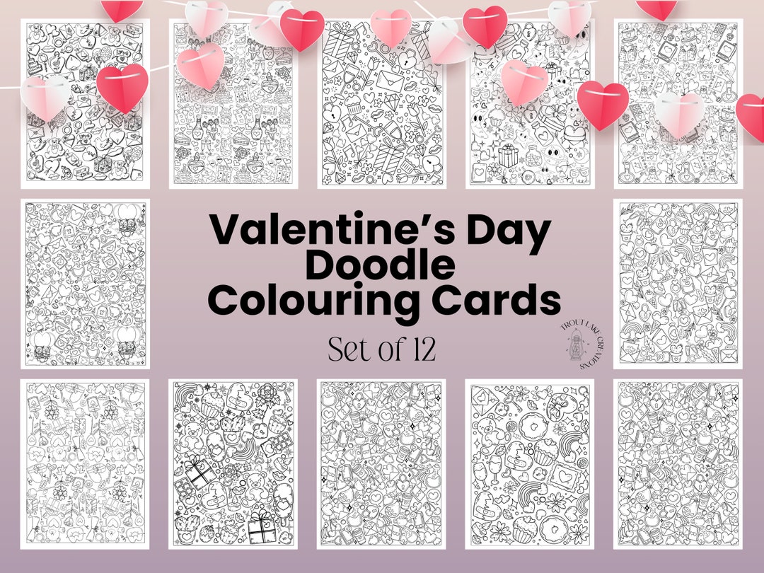Valentine's Day Doodle Colouring Cards Printable Coloring Valentines ...