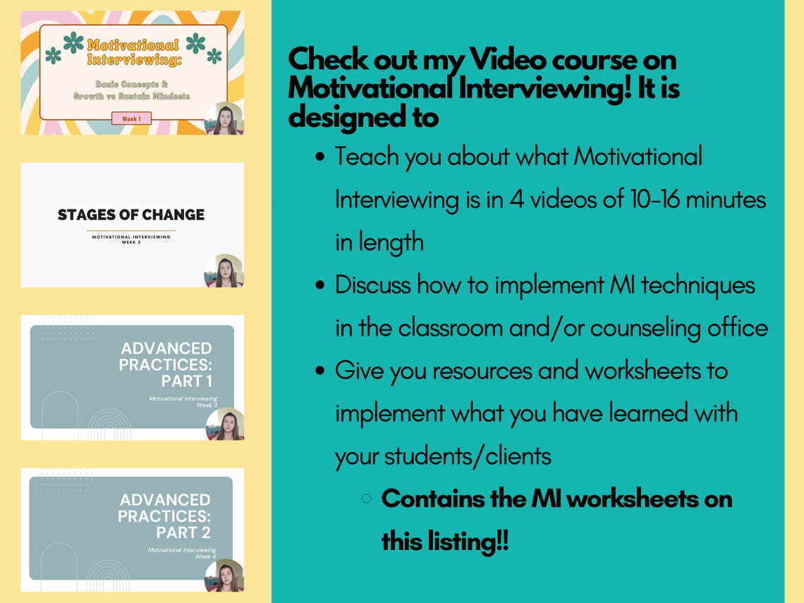 Motivational Interviewing Worksheet Bundle | Adult + Teen MI Therapy ...