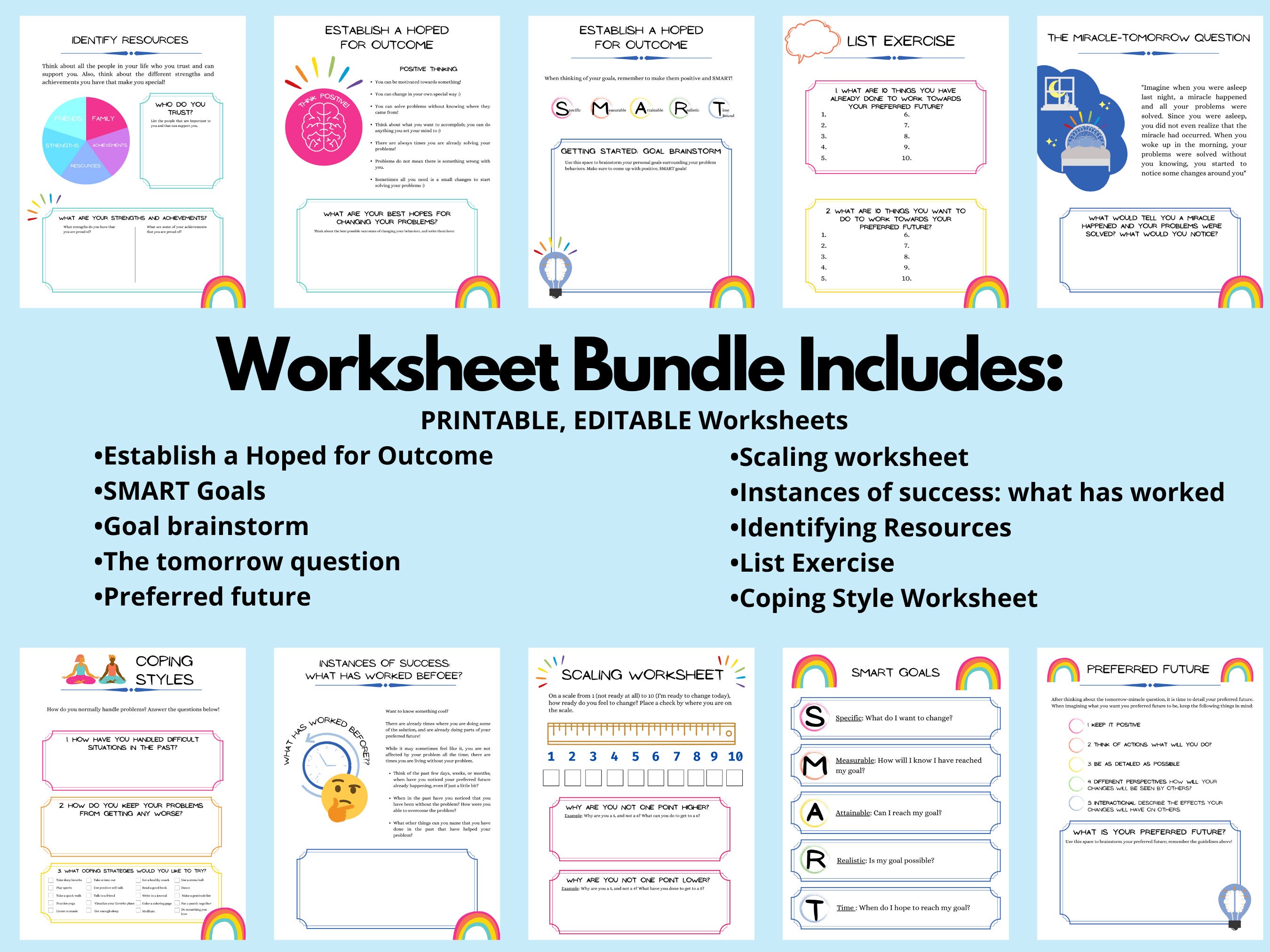 SFBT Worksheets and Guide Discount Bundle | 20 Solution Focused Brief ...