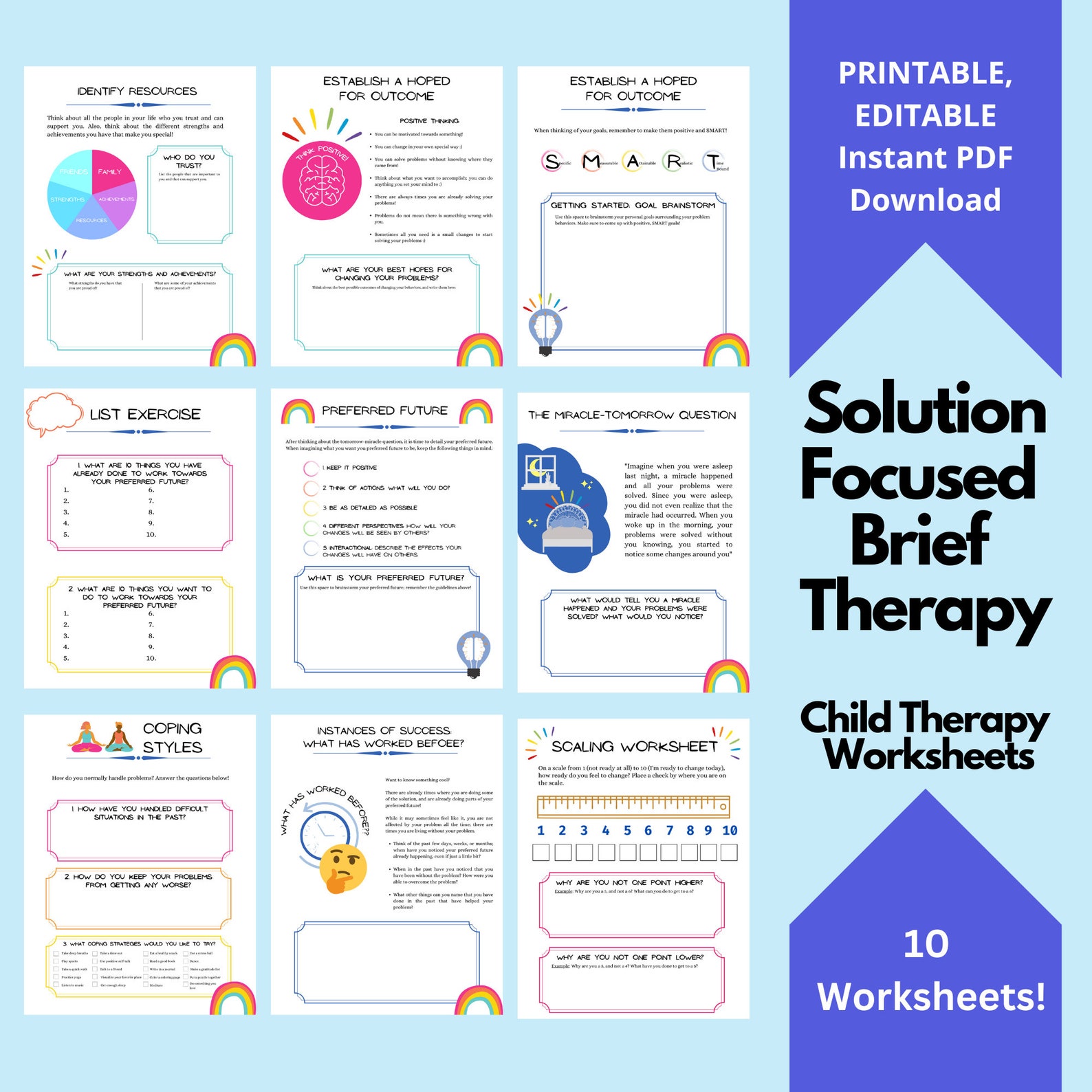 Solution Focused Brief Therapy Worksheet Bundle | Child SFBT Therapy ...