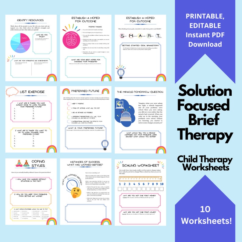 Solution Focused Brief Therapy Worksheet Bundle | Child SFBT Therapy ...