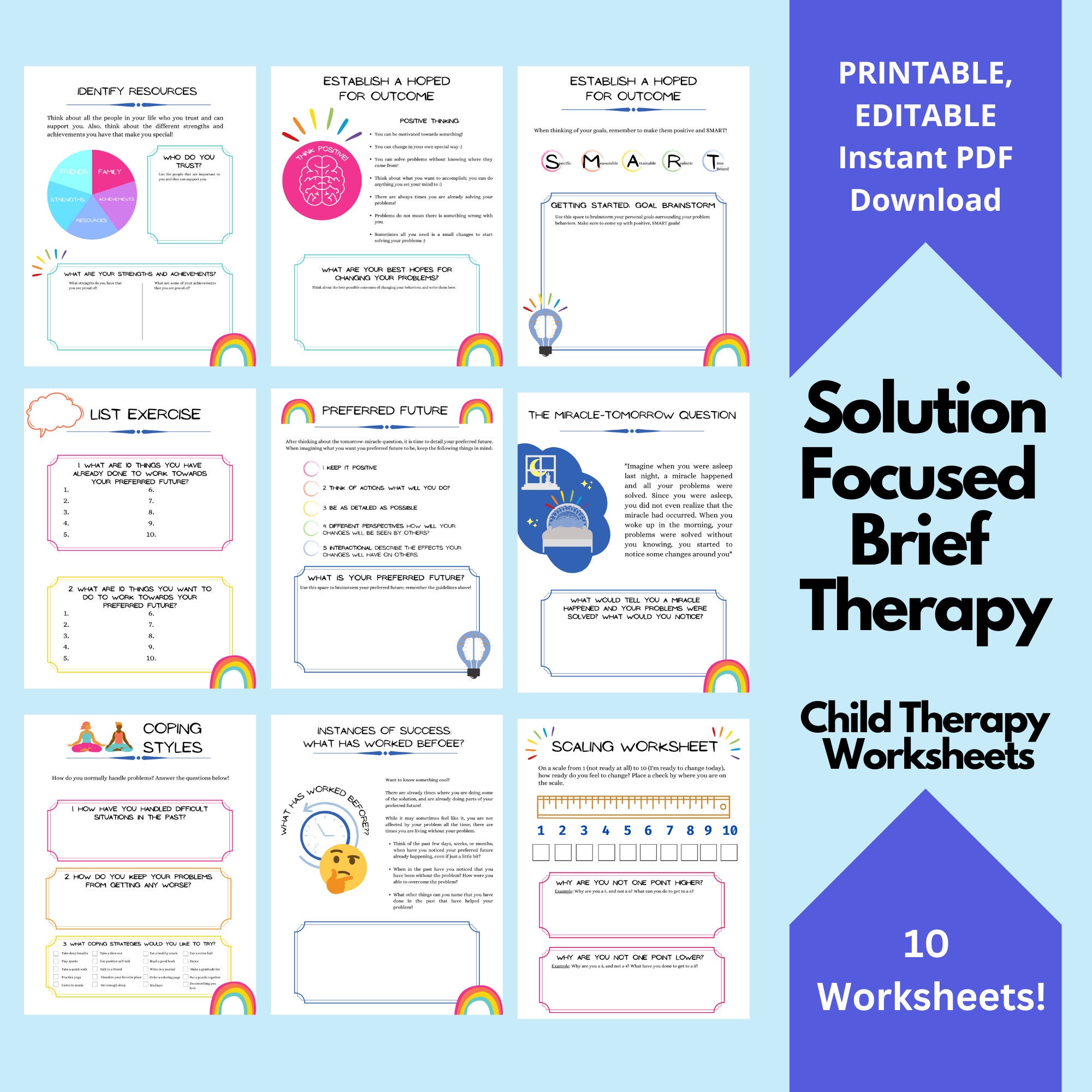 Solution Focused Brief Therapy Worksheet Bundle Child SFBT Therapy ...