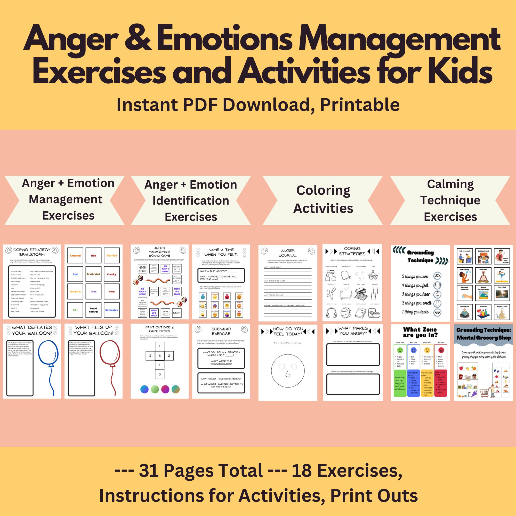Anger and Emotion Management Worksheets | 18 Activity + Exercise Bundle ...