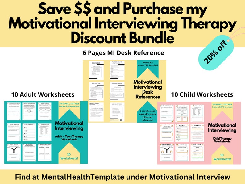 Motivational Interviewing Worksheet Bundle | Adult + Teen MI Therapy ...