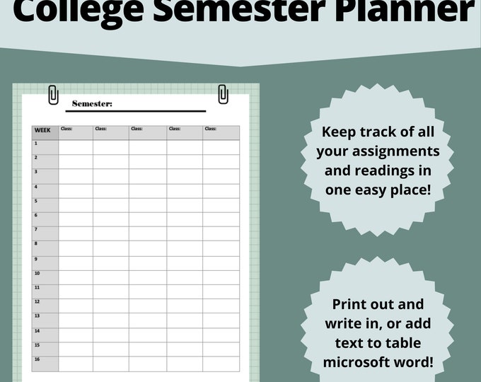 Semester Planner for Students, College, Highschool, Organization List ...