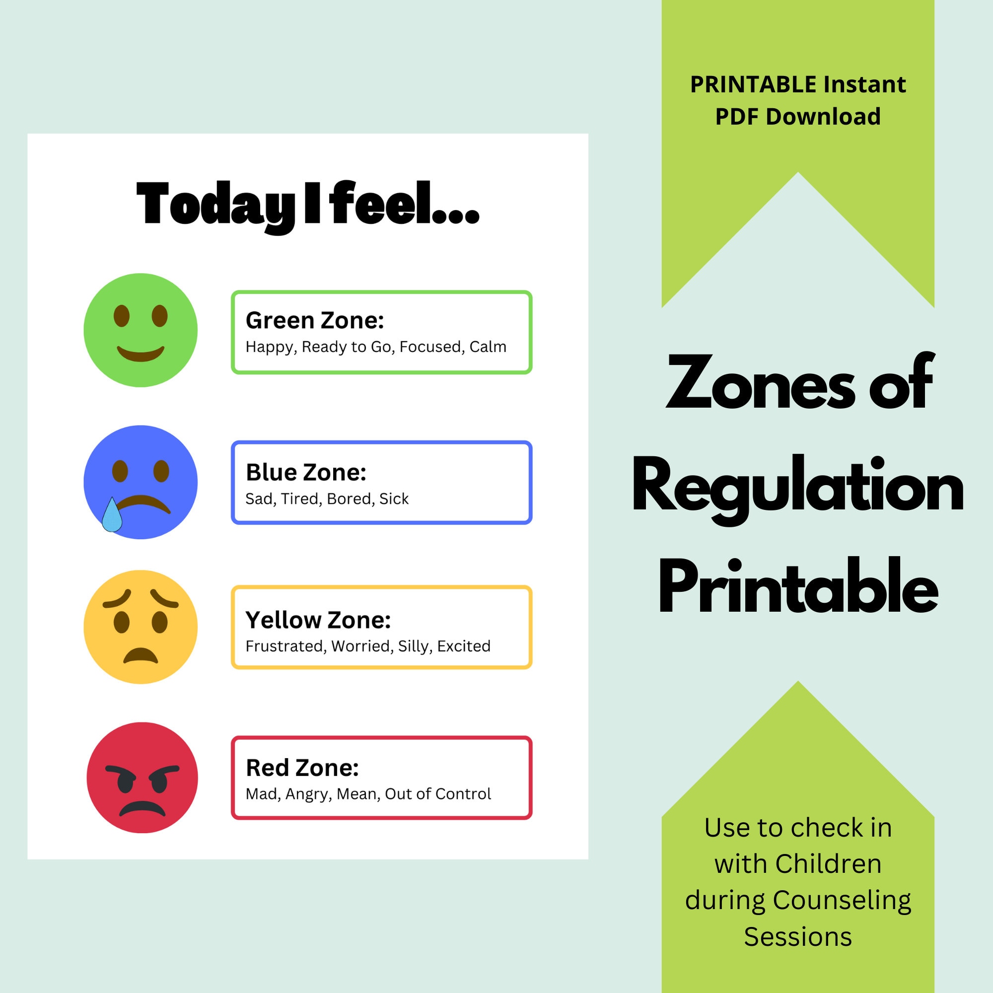 Zones of Regulation Printable Download | for Counseling Sessions ...