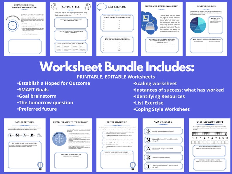 SFBT Worksheets and Guide Discount Bundle | 20 Solution Focused Brief ...