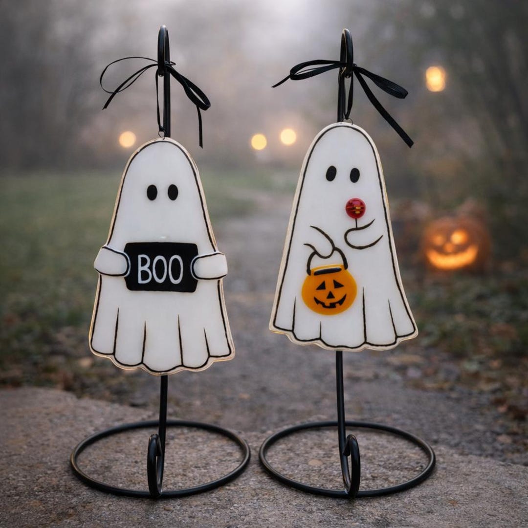 Large Ghost Ornament With Display Stand Boo Sign or Pumpkin Bucket and ...