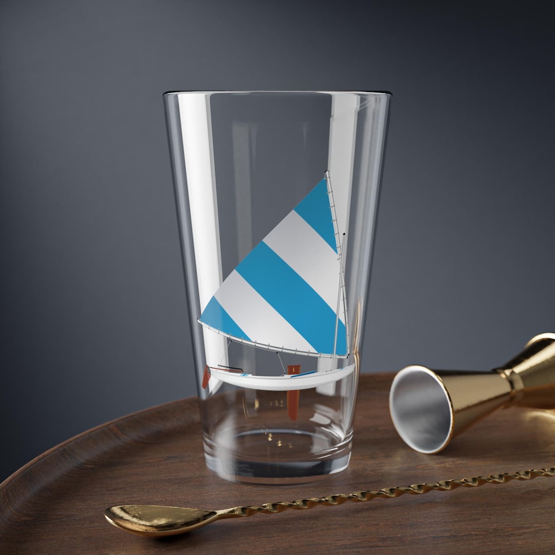 My Version of the Sunfish Sailboat, Blue and White Sail, Pint Glass ...