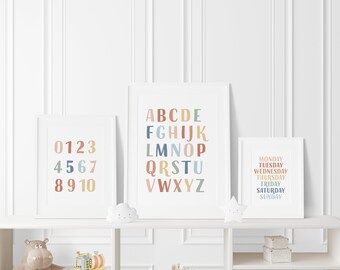 Rainbow Wall Art Set of 3 Prints Rainbow Alphabet Numbers and Days of ...