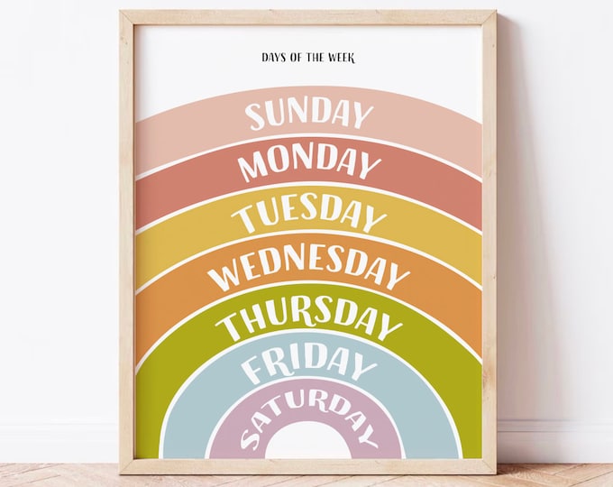Rainbow Days of the Week, Playroom Educational Poster, Rainbow Nursery ...