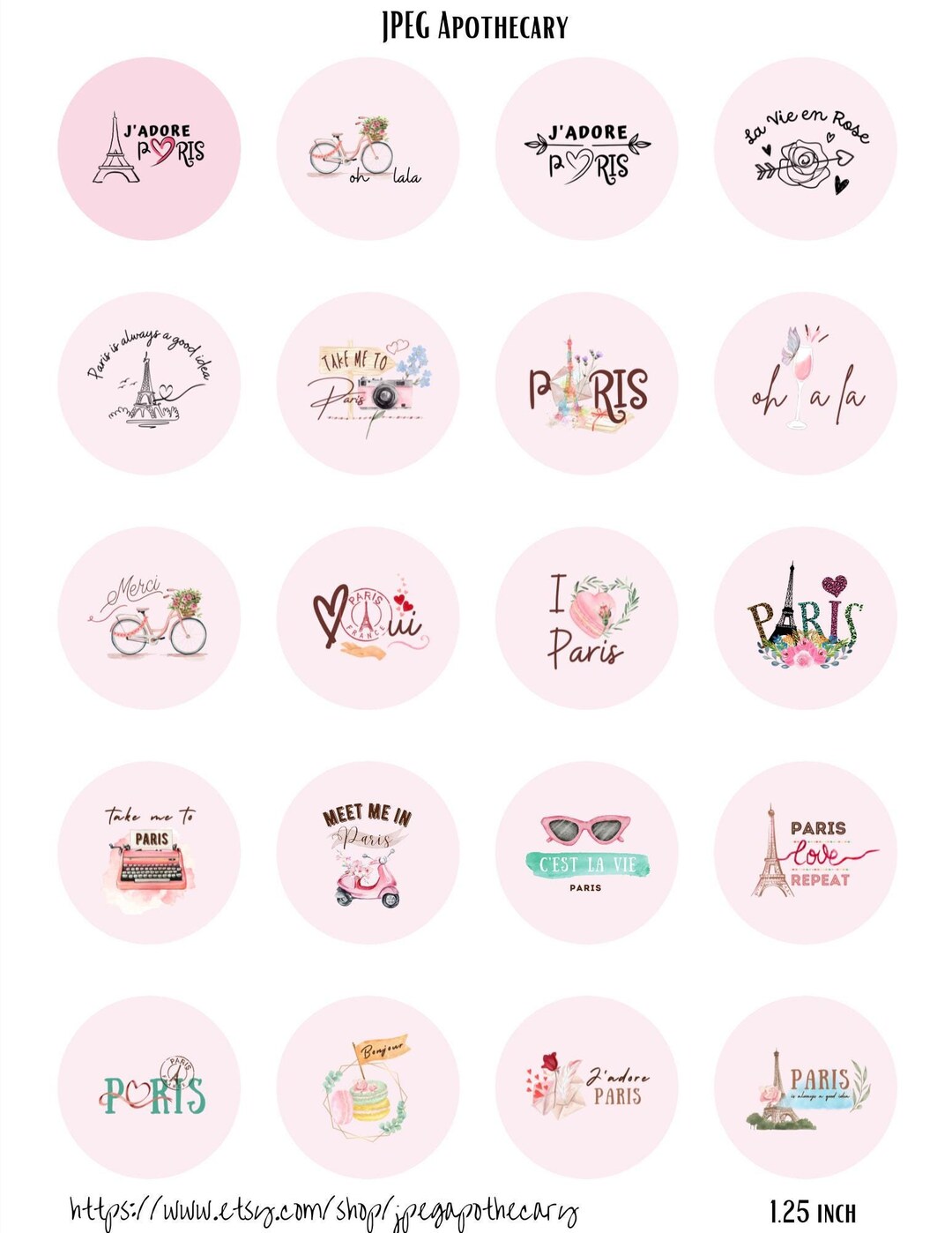 Paris Button Images Digital Collage | 1.25 Inch Round Designs for Pin ...