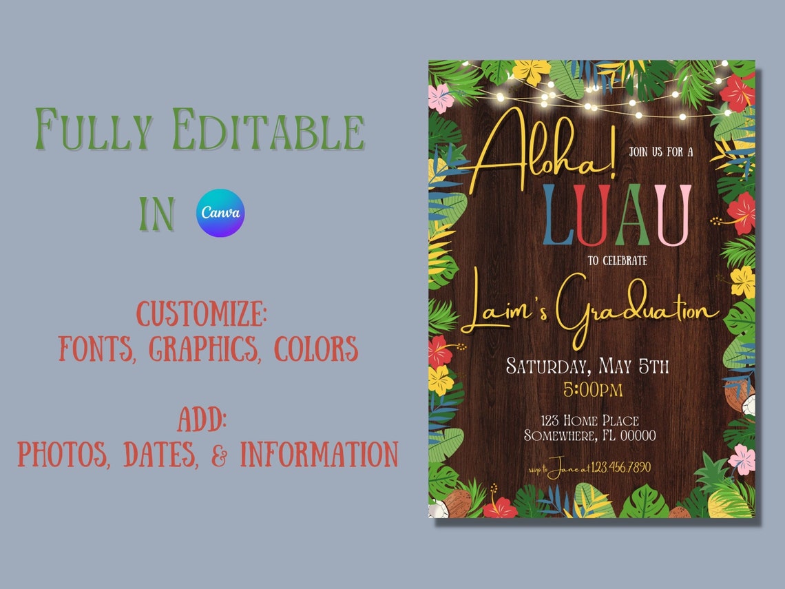 Luau Graduation Invitation, 2024 Graduation Party Invitation Template ...