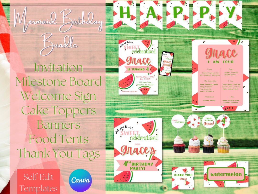 Watermelon Birthday Banner, Fully Editable in Canva, Modern Watermelon ...