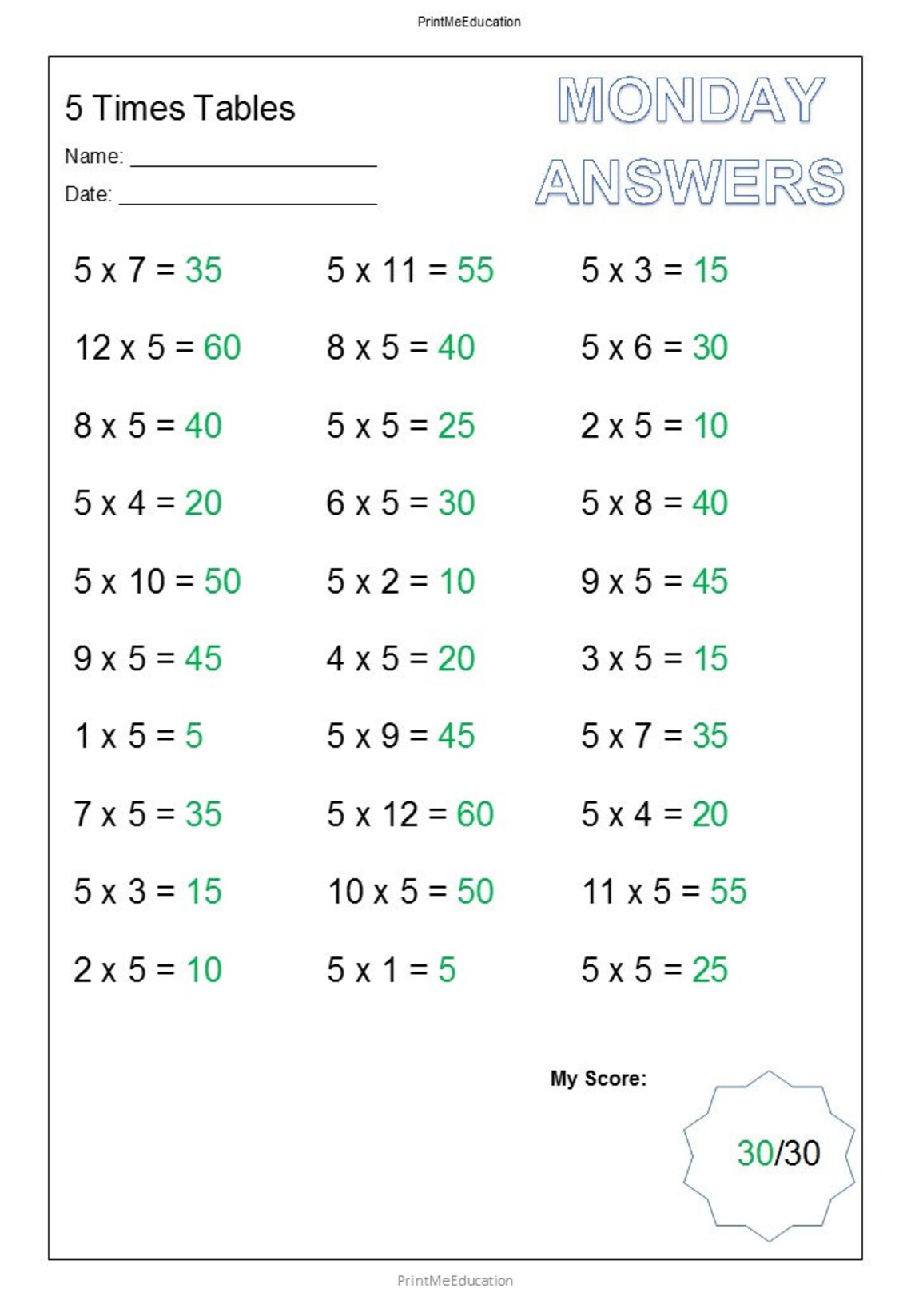 Daily Printable 5 X Times Tables Practice Worksheets With Answers - Etsy