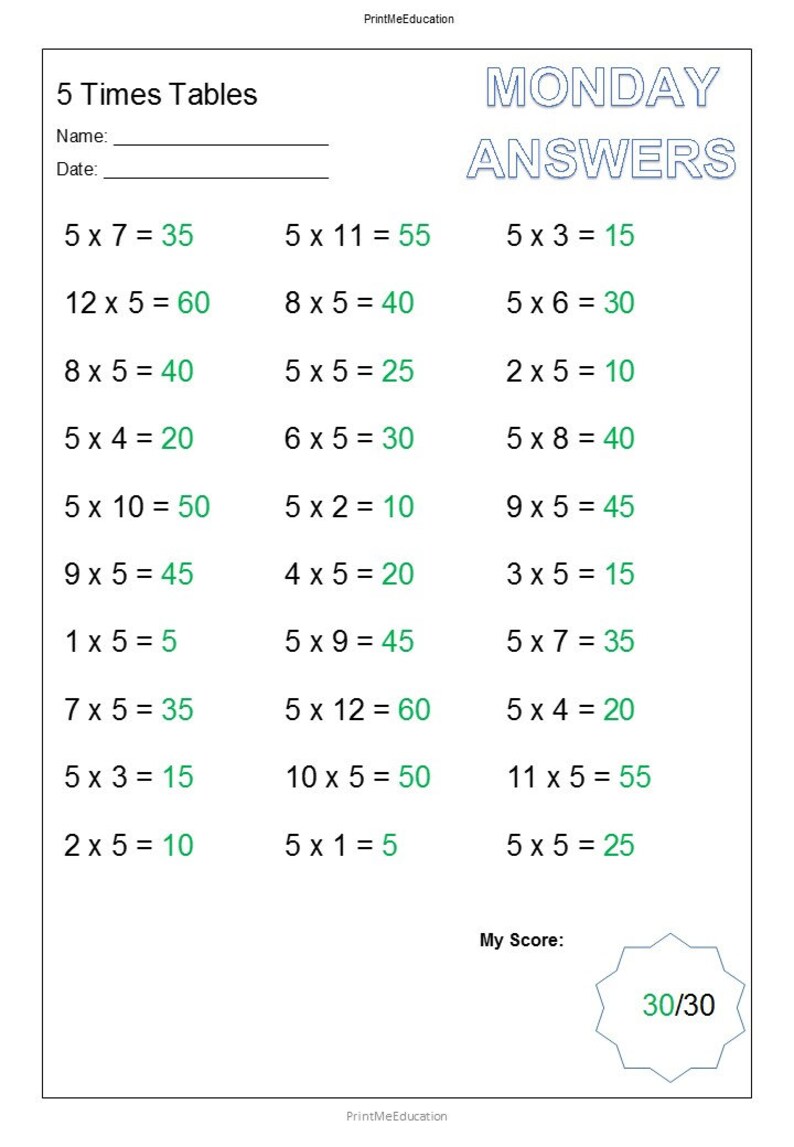 Daily Printable 5 X Times Tables Practice Worksheets With Answers - Etsy