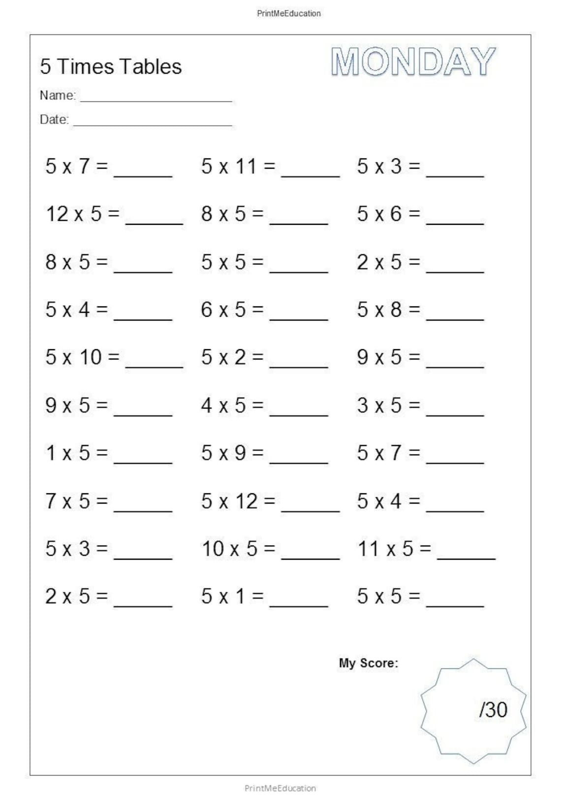 Daily Printable 5 X Times Tables Practice Worksheets With Answers - Etsy