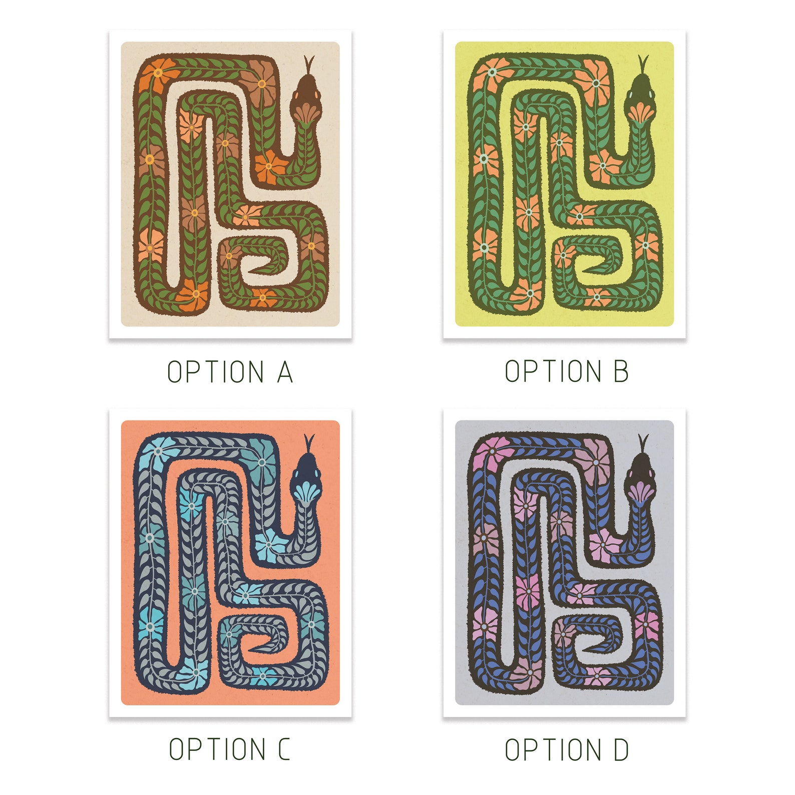 Colorful Snake Art Print. Colorful Snake Artwork. Flower Art Print ...