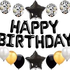 Black Happy Birthday Balloon Banner, With Foil Balloons, Confetti ...