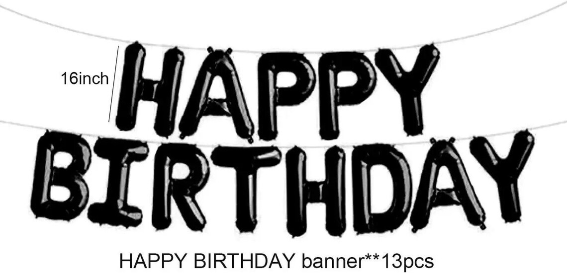 Black Happy Birthday Balloon Banner, With Foil Balloons, Confetti ...