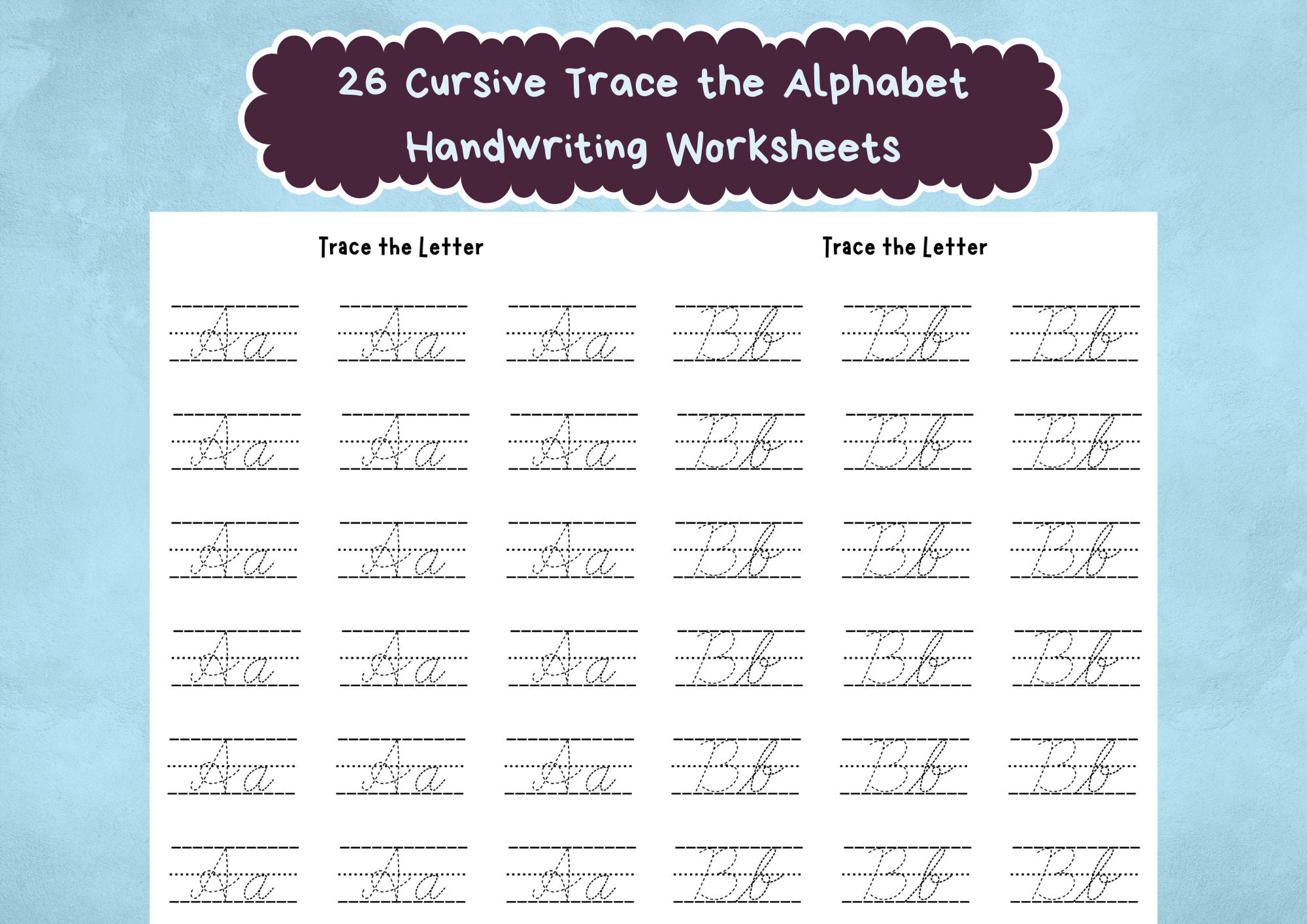 26 Cursive Trace the Alphabet Worksheets, Printable Writing Activity ...