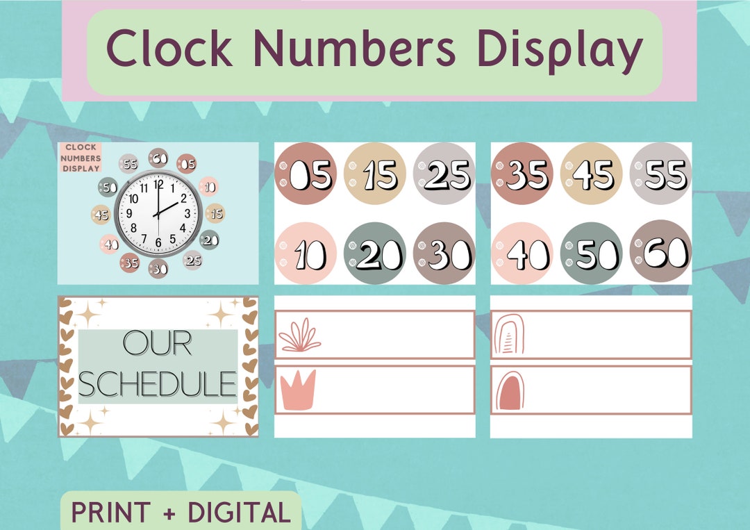 Clock Numbers Display, Class Decoration, Back to School, Boho, Colorful ...
