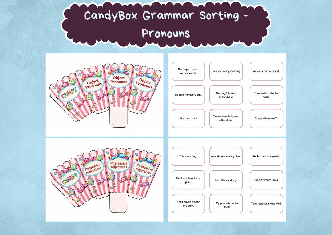 Candy Box Grammar Sorting Activity – Pronouns - Hands-on Cut and Sort ...