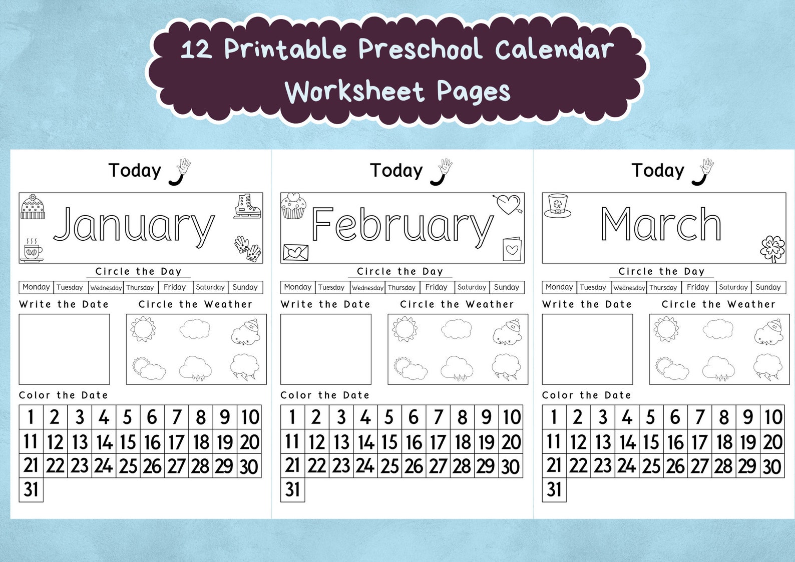 12 Printable Preschool Calendar Worksheet Pages. Month, Day, Date ...
