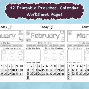 12 Printable Preschool Calendar Worksheet Pages. Month, Day, Date ...