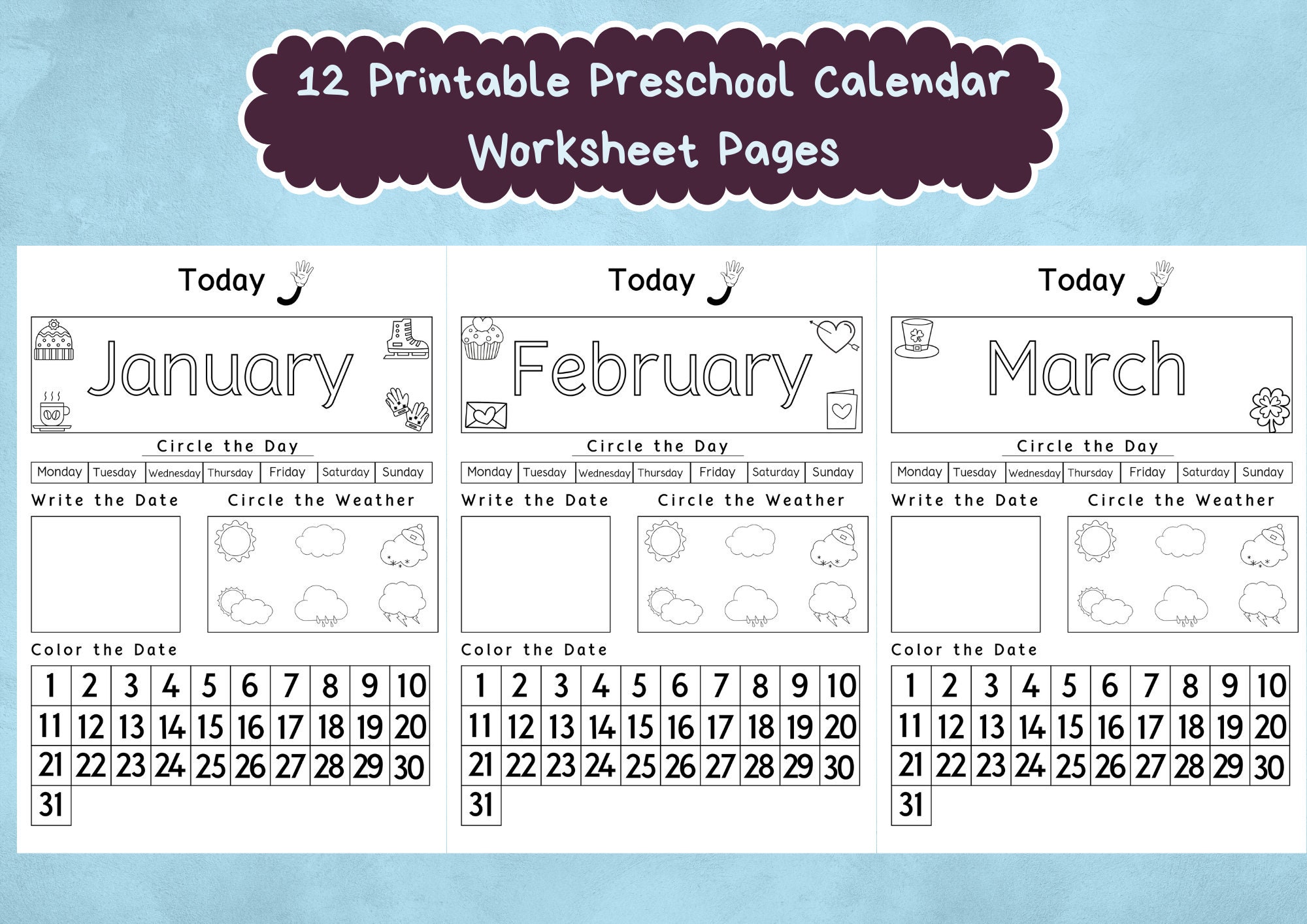 12 Printable Preschool Calendar Worksheet Pages. Month, Day, Date ...