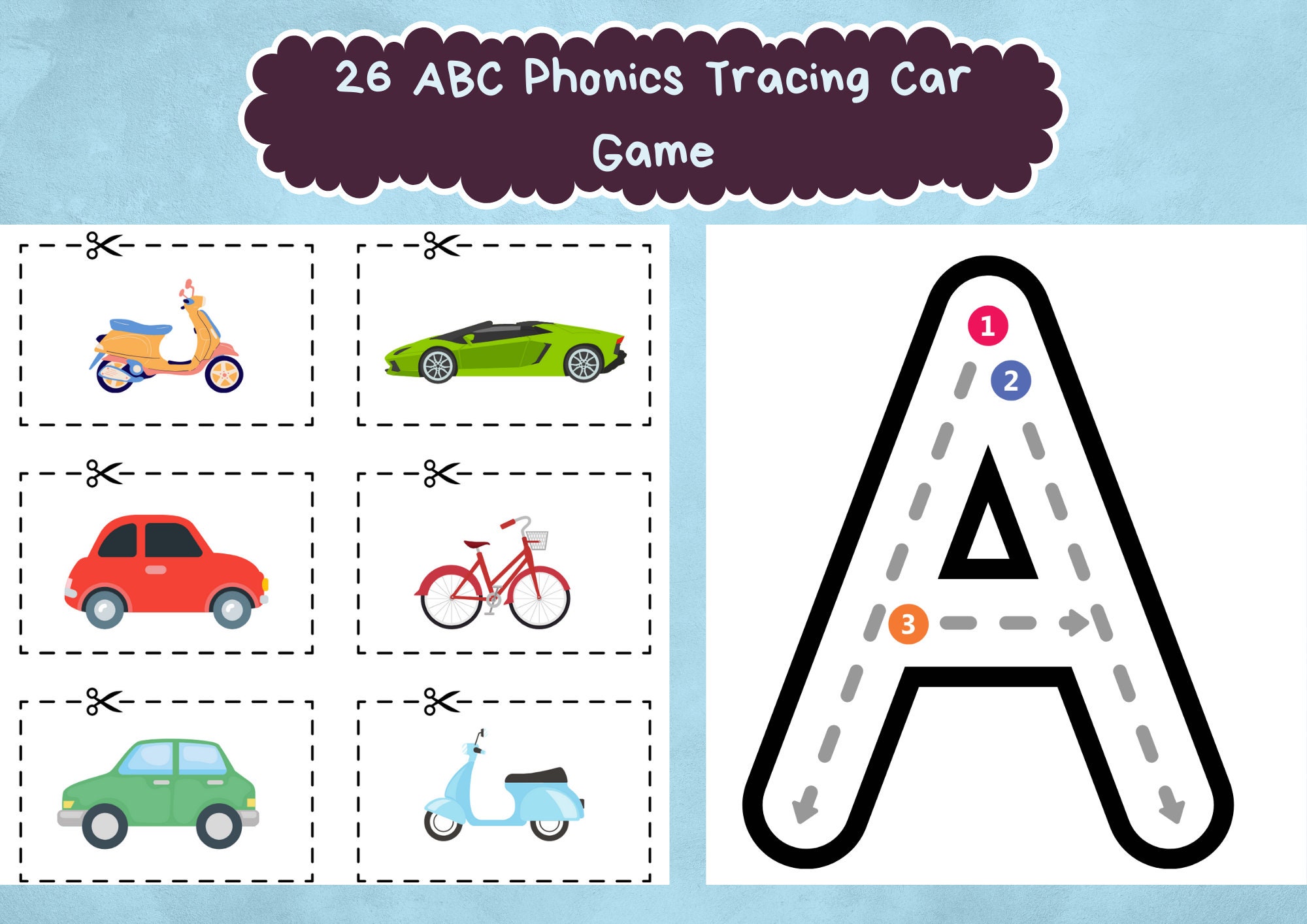 26 ABC Phonics Tracing Car Game, Printable Activity for Homeschool ...