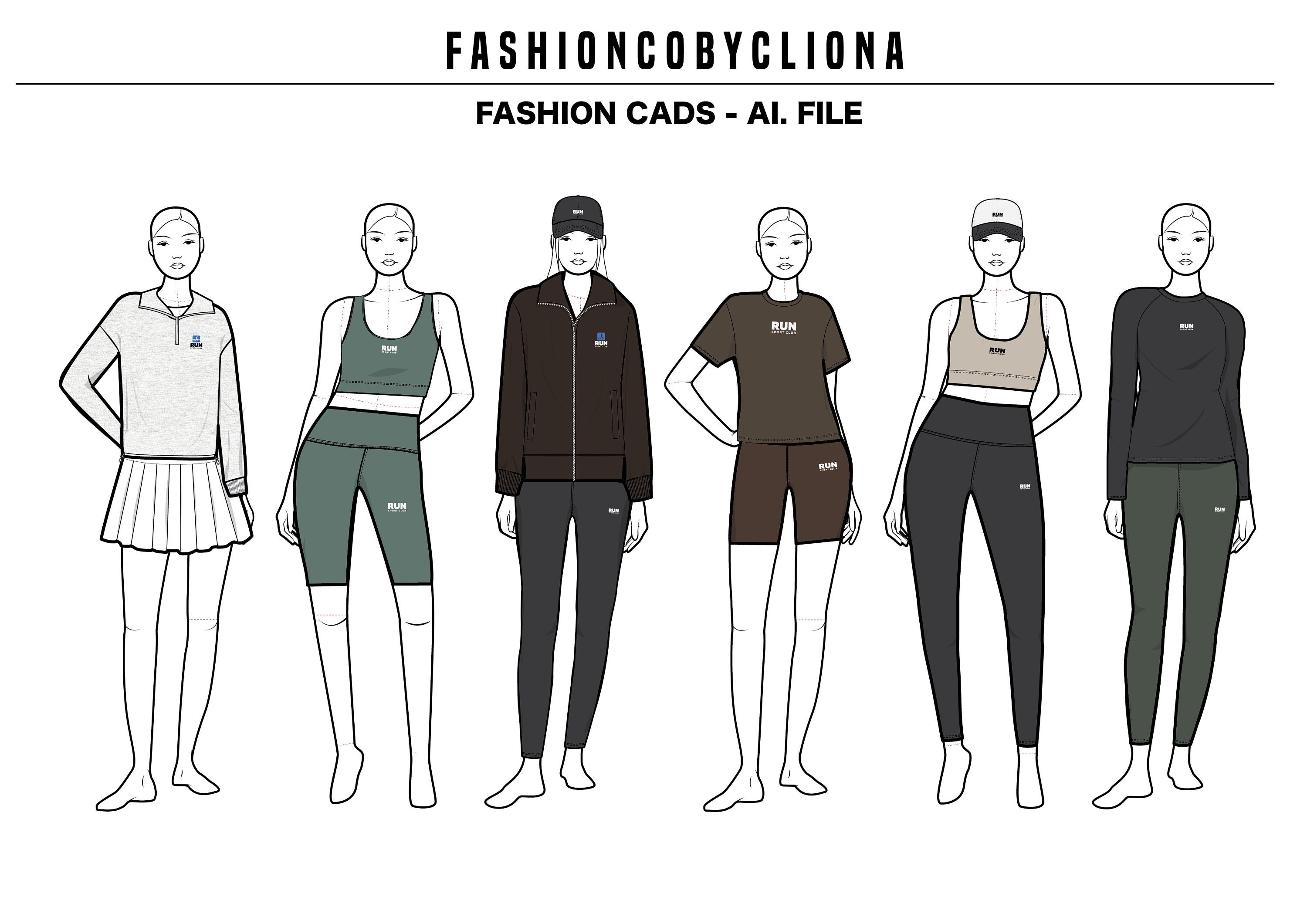 Activewear Essential Sportswear Gymwear Bundle Fashion Design Template -flat Sketch Tech Drawing ...