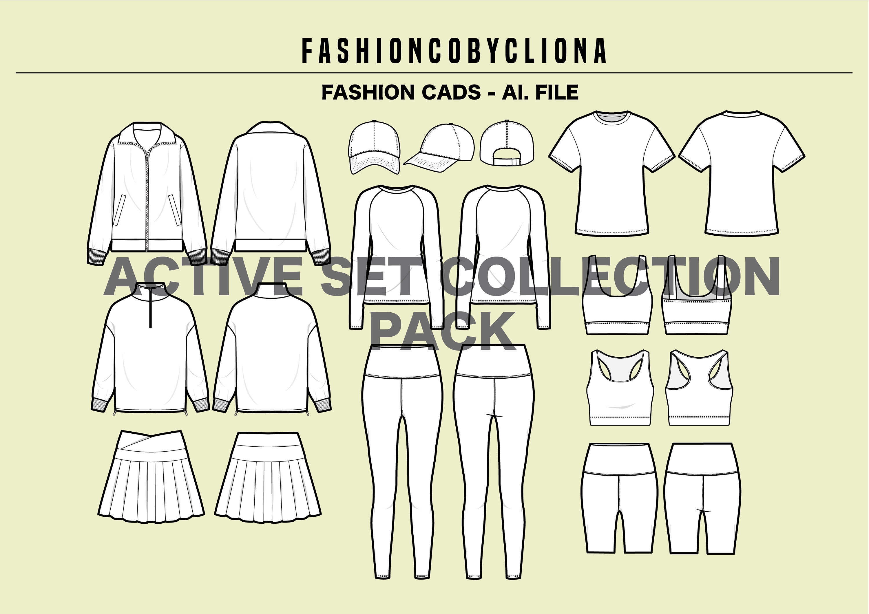 Activewear Essential Sportswear Gymwear Bundle Fashion Design Template -flat Sketch Tech Drawing ...