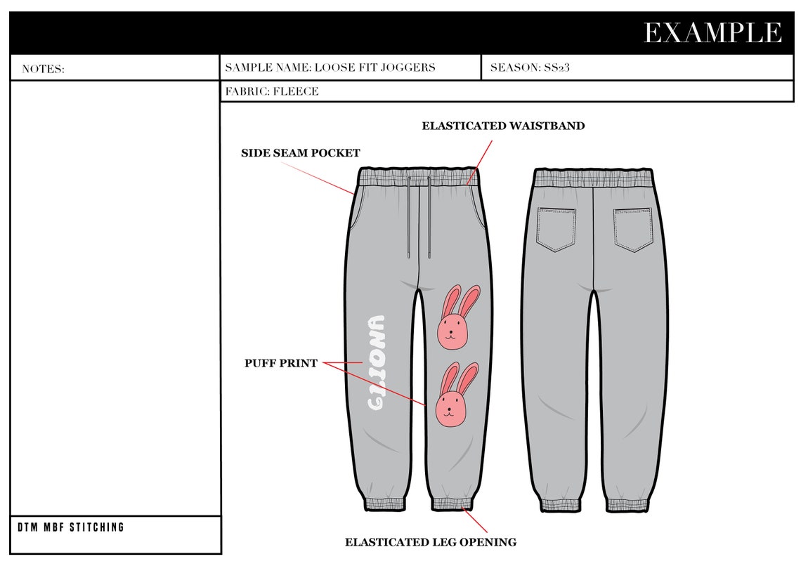 Loose Fit Joggers - CAD Drawing Sketch Design Template - Flat Sketch ...