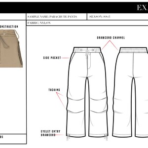 Parachute Cargo Pants CAD Template: Baggy Techwear Flat Sketch (AI, PDF ...