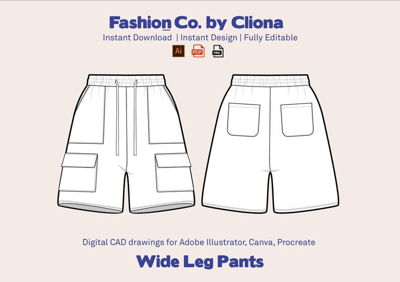 Cargo Shorts Fashion Design Template: Flat Sketch (AI, PDF) - Etsy
