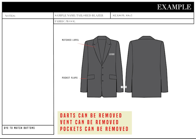Blazer Formal Jacket - CAD Vector Ai. PDF File - Range Plan - Technical ...