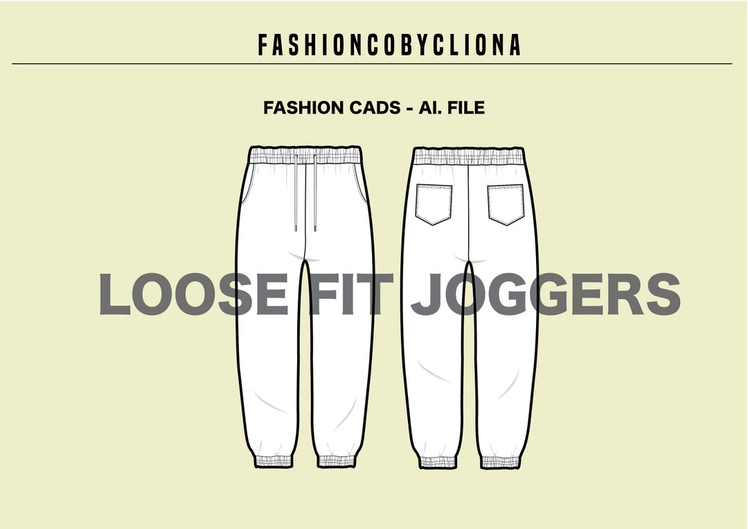 Loose Fit Joggers - CAD Drawing Sketch Design Template - Flat Sketch ...