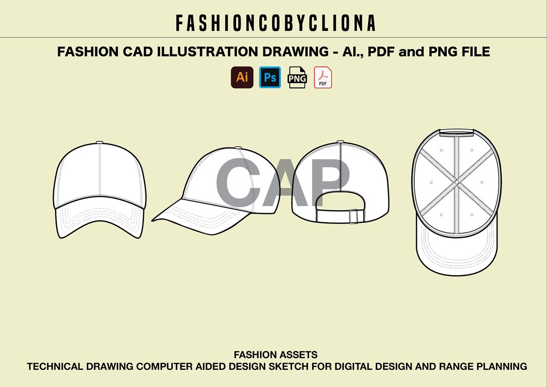 Cap Baseball - Mock up CAD Drawing Fashion Design - Digital Vector Ai ...