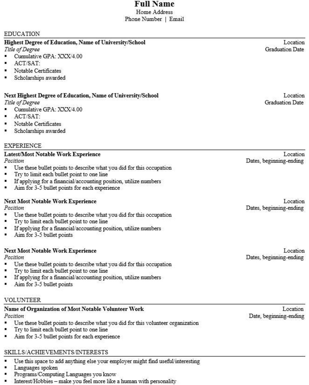 Resume Template - Editable - Simple and Direct - Downloadable Word File ...