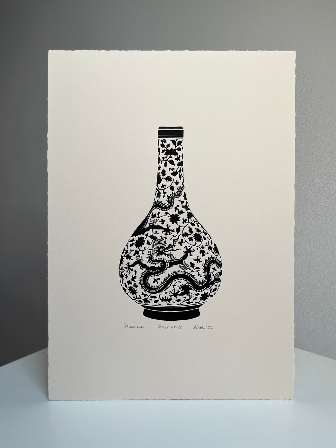 Linocut Print Original Graphic Print Printmaking Dragon Chinese Vase - Etsy
