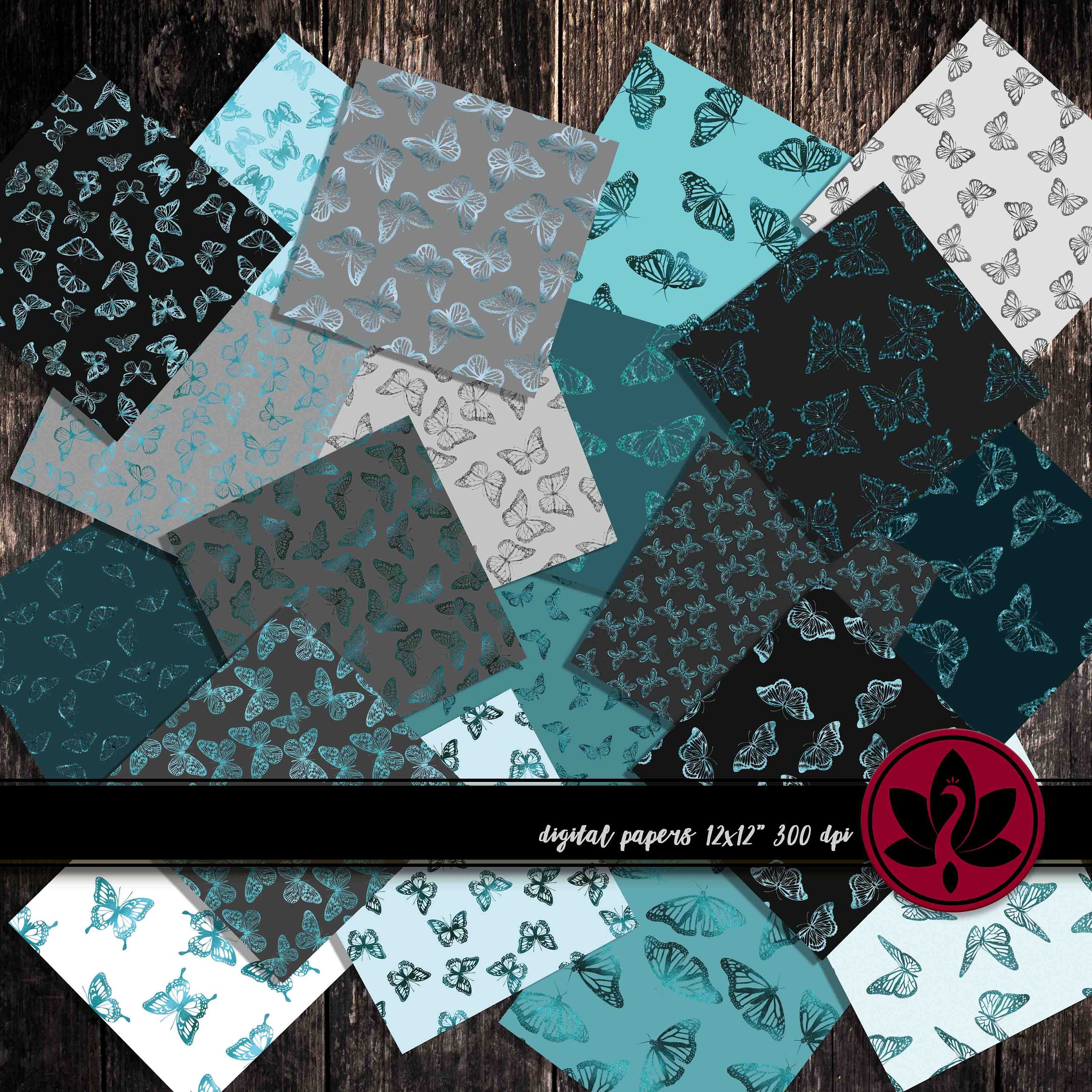 Butterfly Digital Paper, Pattern, Teal Foil Butterfly Scrapbook Paper ...