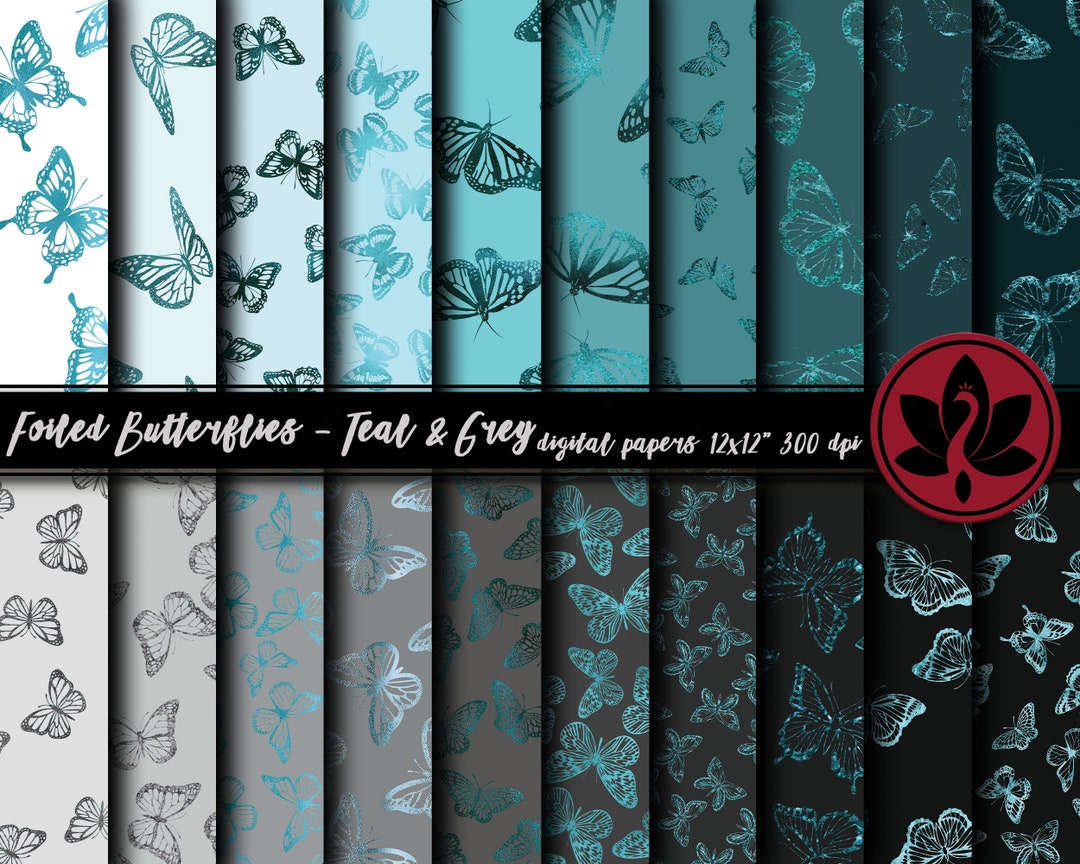 Butterfly Digital Paper, Pattern, Teal Foil Butterfly Scrapbook Paper ...