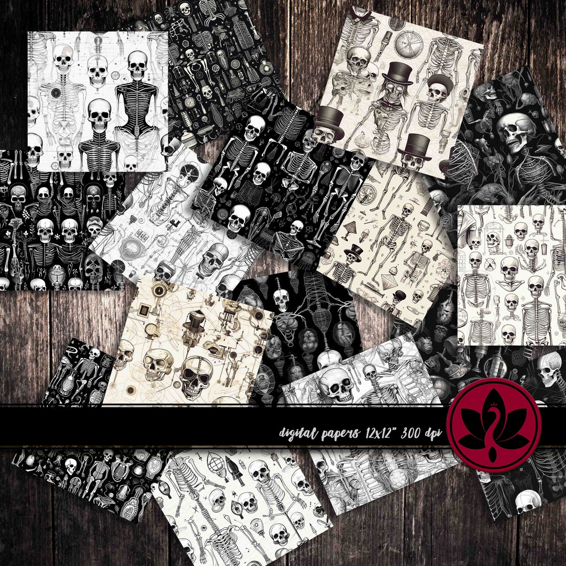 Seamless Grimoire Gothic Skeleton Anatomy Digital Paper, Halloween ...
