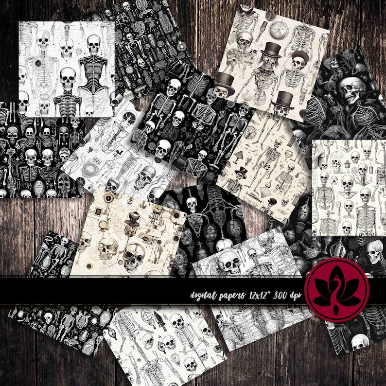 Seamless Grimoire Gothic Skeleton Anatomy Digital Paper, Halloween ...