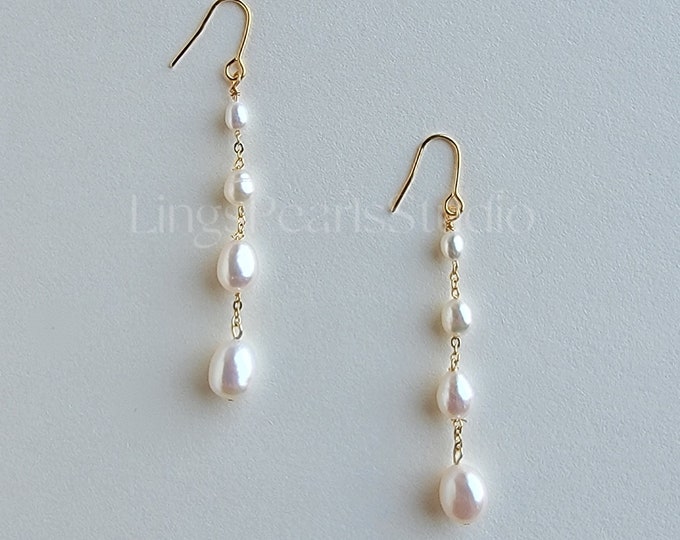Freshwater Dropping Pearl Earrings, 14K Gold Filled Dangle Earring With ...