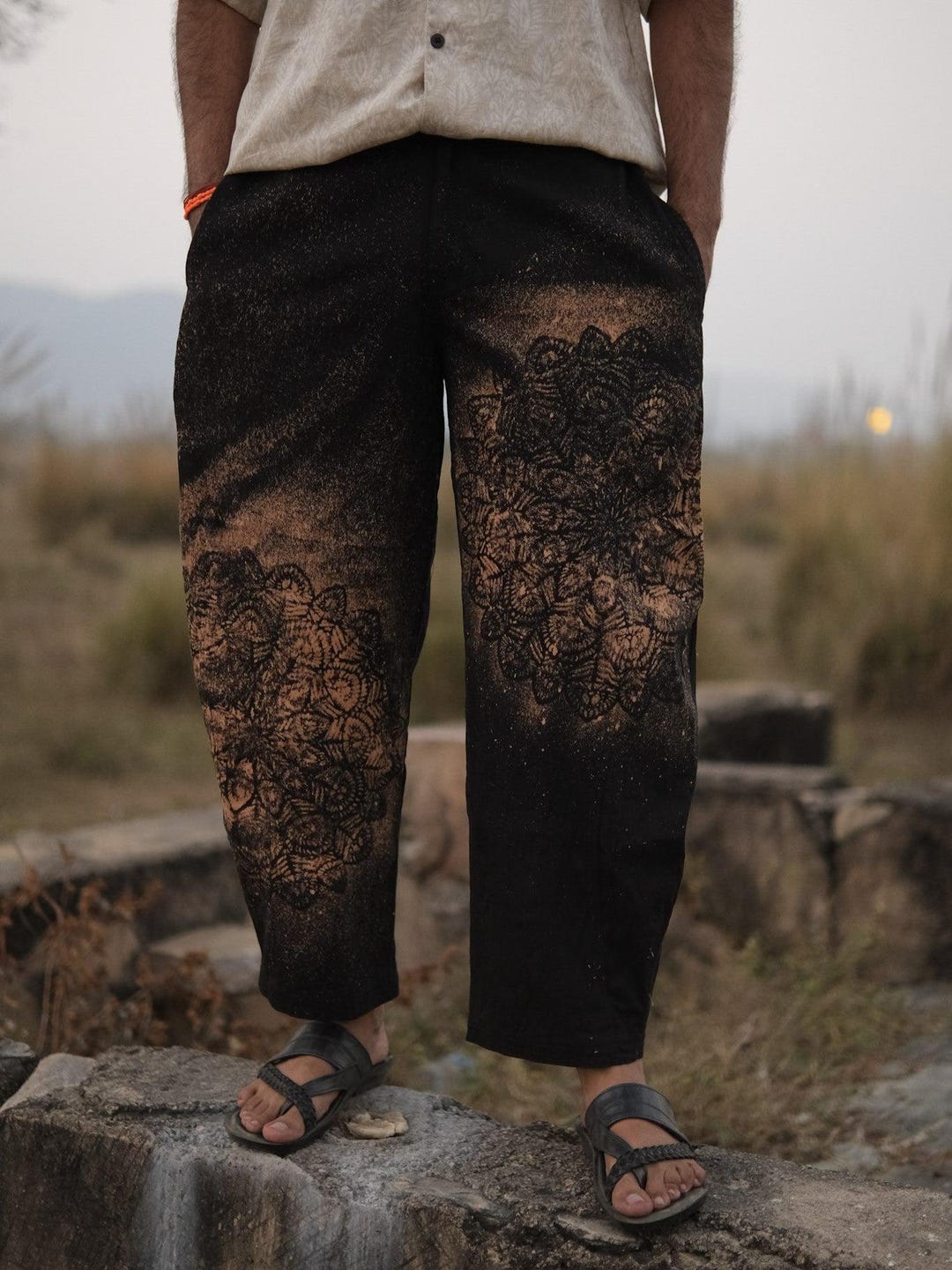 Distressed Mandala Pants | Black Harem Trousers | Bleached Boho Bottoms ...