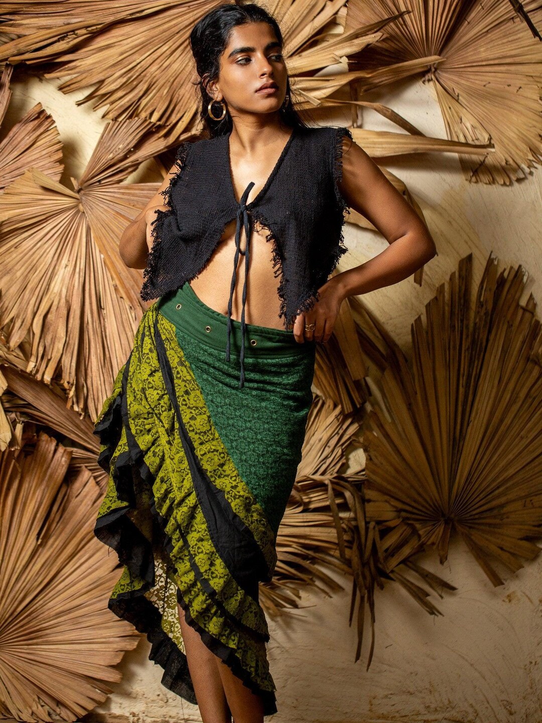 Argi Wrap Skirtasymmetrical Boho Wrap Skirt,green and Black Lace Trim, Layered Ruffle High-low ...